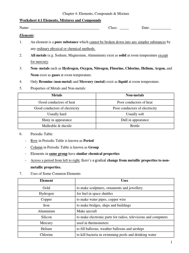 Elements, Compounds, Mixtures Worksheet | PDF | Chemical Substances ...