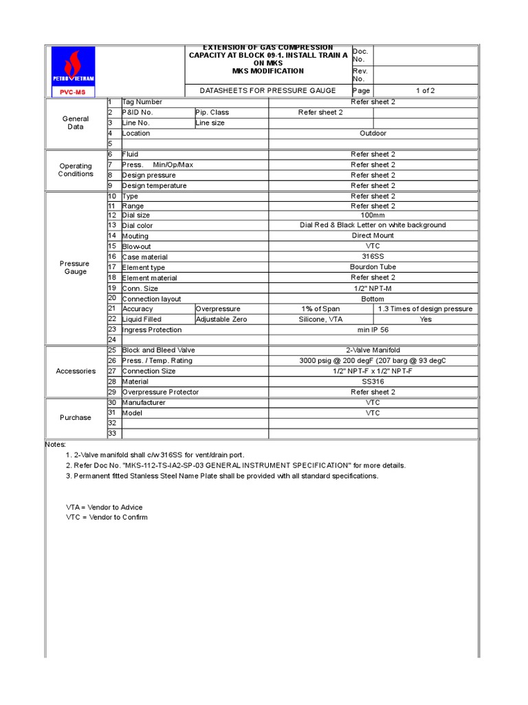 Datasheet For Pressure Gauge - Process Data | PDF | Pressure ...