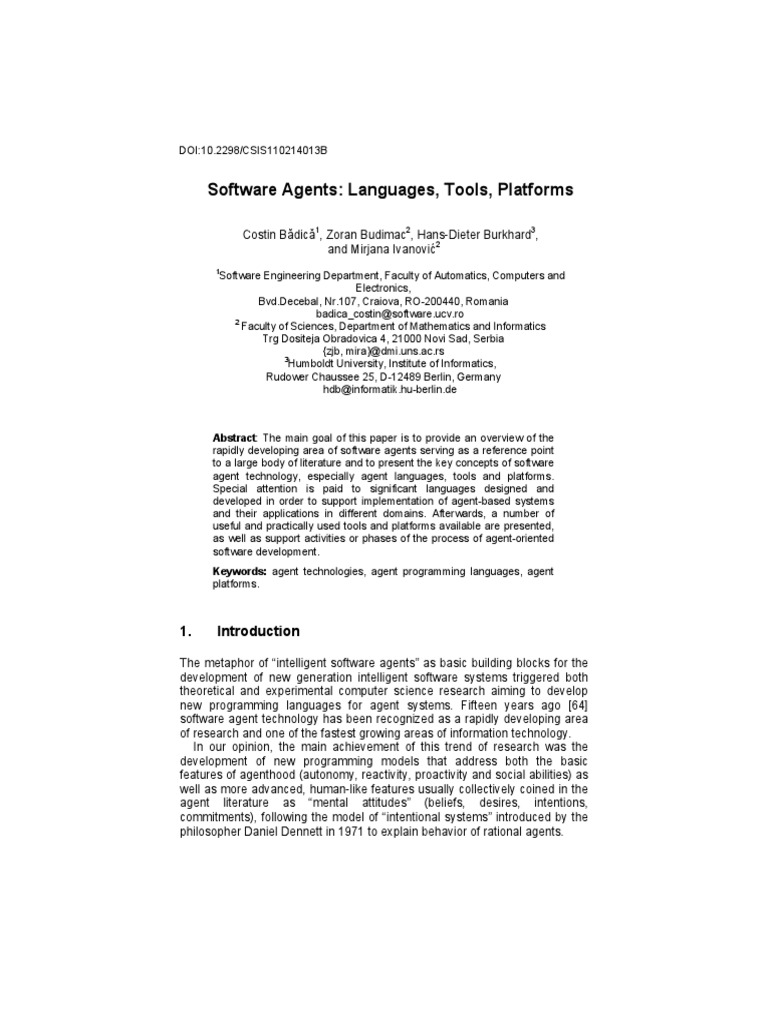 Software Agents: Languages, Tools, Platforms: Abstract: The Main Goal of This Paper Is To ...