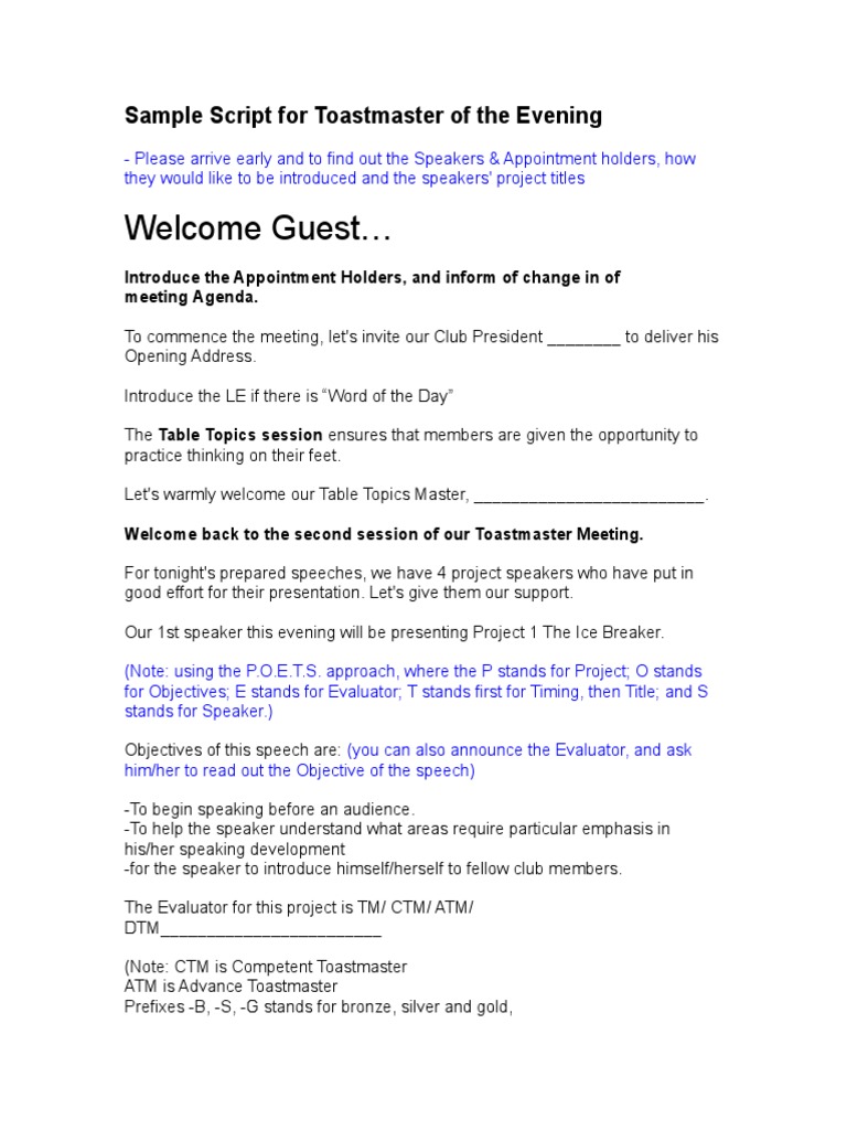 Welcome Guest : Sample Script For Toastmaster of The Evening | PDF