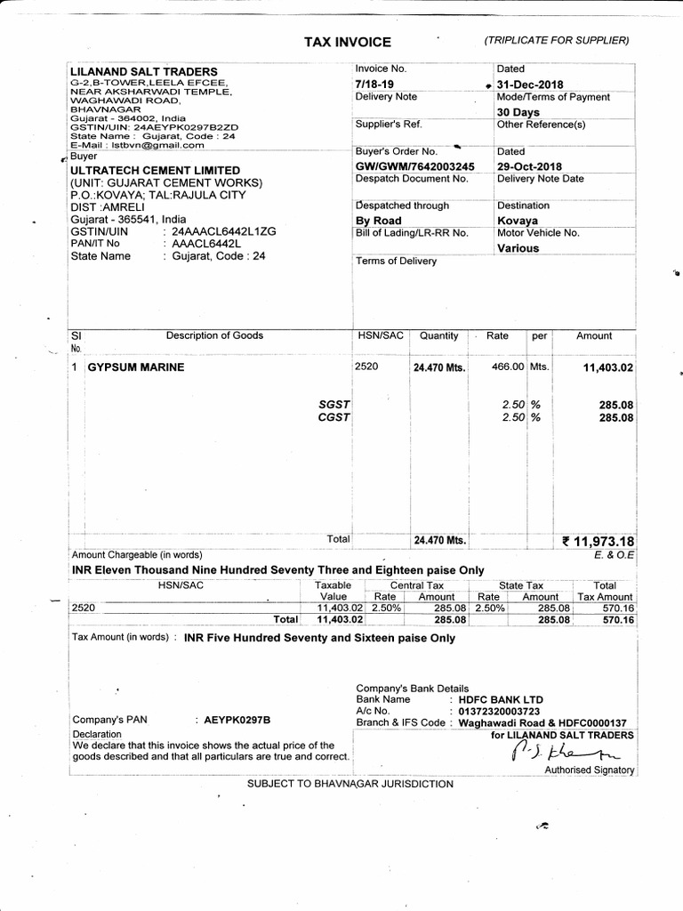 Tax Invoice for Supply of Gypsum Marine from Lilanand Salt Traders to Ultratech Cement Limited ...