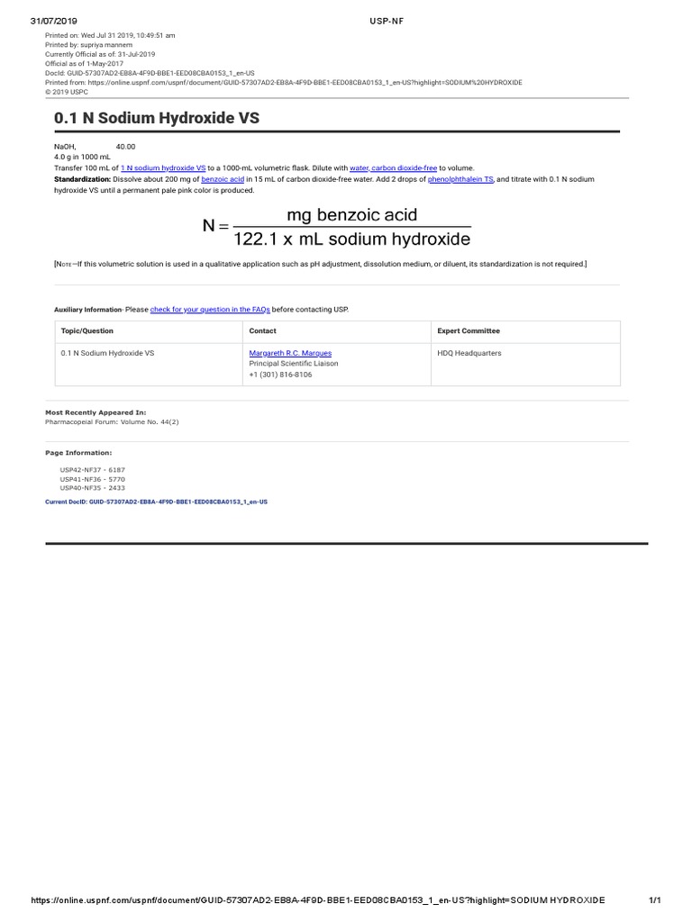 0.1 N Sodium Hydroxide Vs USP-NF 42 | PDF
