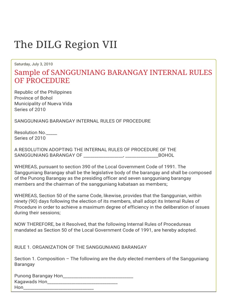 The DILG Region VII: Sample Of Sangguniang Barangay Internal Rules Of ...