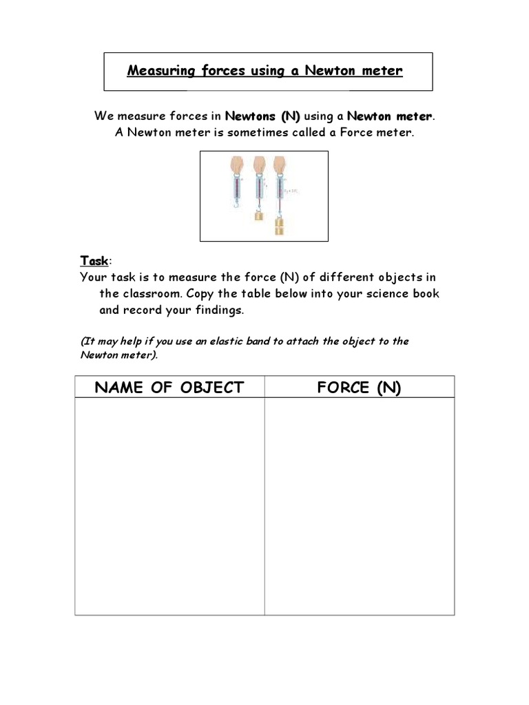 Measuring Forces Using A Newton Meter: Name of Object Force (N) | PDF ...