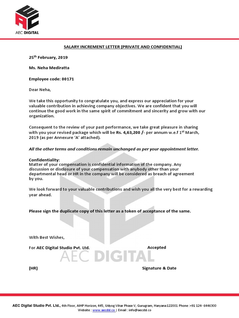 Salary Increment Letter for Neha Mediratta | PDF