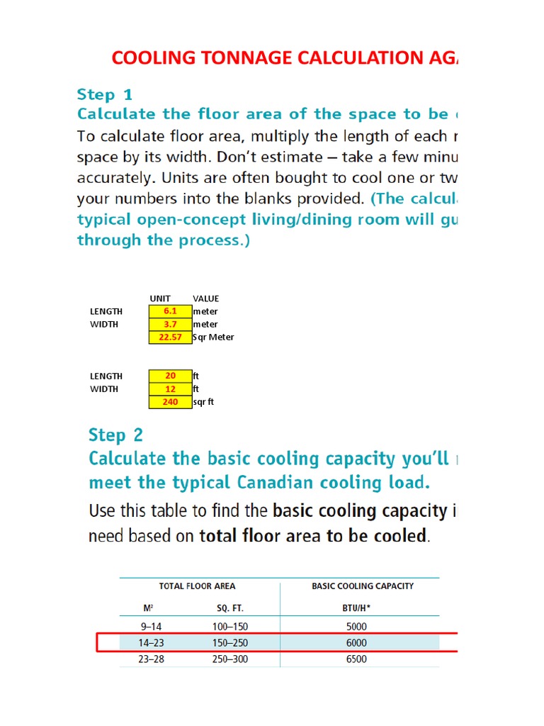 Cooling Tonnage Calculation Against Area: Unit Value Length Meter Width ...