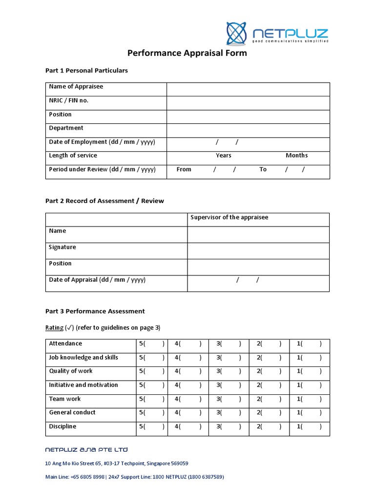 Performance Appraisal Form: Part 1 Personal Particulars | PDF ...