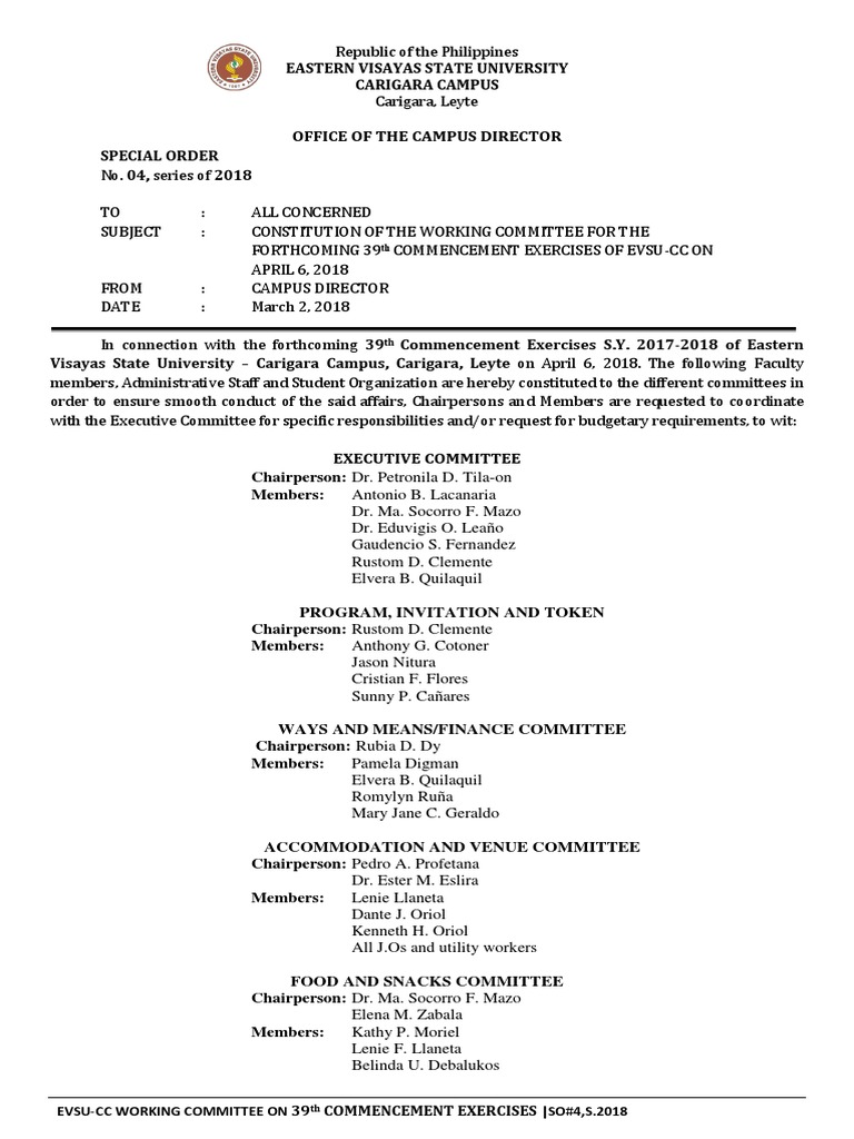 Evsu-Cc Working Committee On - SO#4, S.2018 | PDF