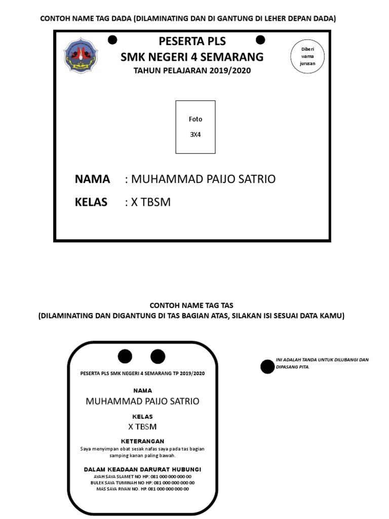 Contoh Name Tag PLS SMK N 4 Semarang 2019 | PDF