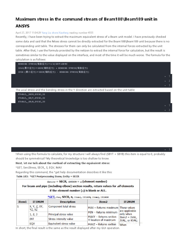 Maximum Stress in The Command Stream of Beam188 | PDF