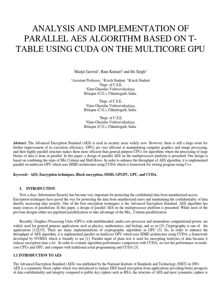 Analysis and Implementation of Parallel Aes Algorithm Based On T-Table Using Cuda On The ...