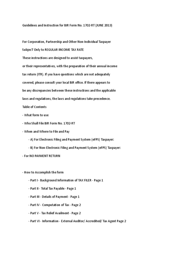 Guidelines and Instruction For BIR Form No. 1702-RT (JUNE 2013) | PDF ...