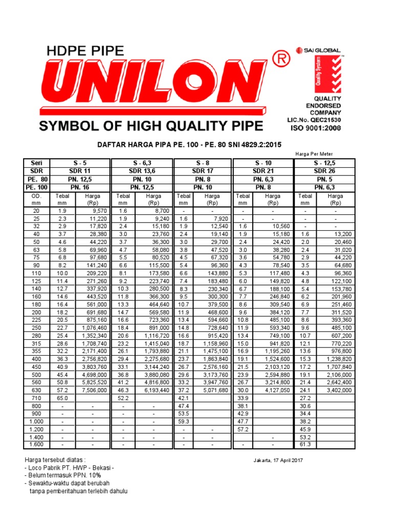 Pricelist Pipa Hdpe Unilon 2017 1 | PDF