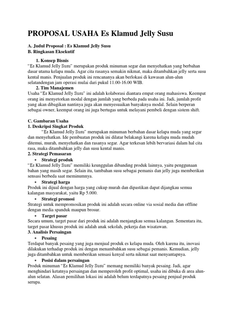 Proposal Usaha Es Klamud Jelly Susu (Tugas Kwu) | PDF Proposal Usaha Es Klamud Jelly Susu (Tugas Kwu) | PDF