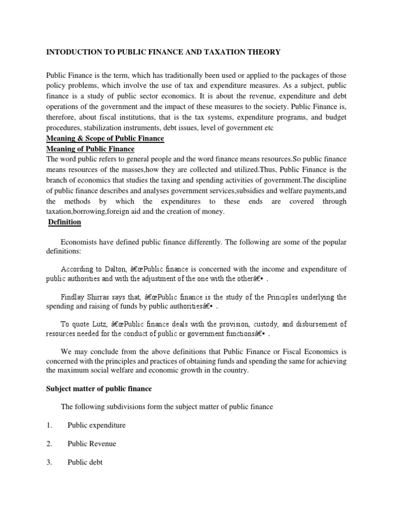 INTRODUCTION TO PUBLIC FINANCE THEORY | PDF | Public Finance | Fiscal ...