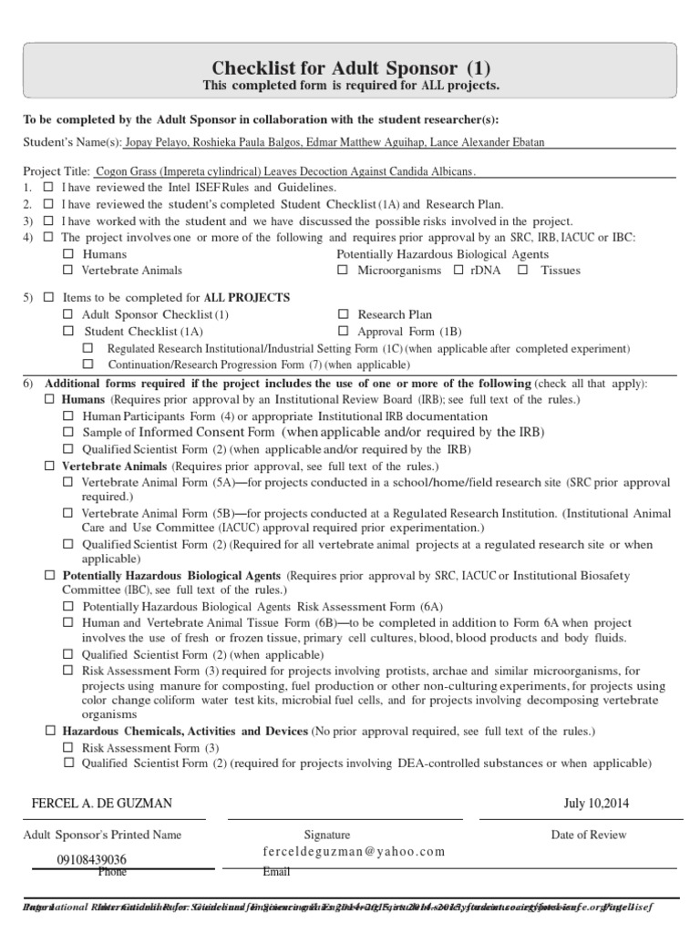 Checklist For Adult Sponsor (1) : This Completed Form Is Required For ...