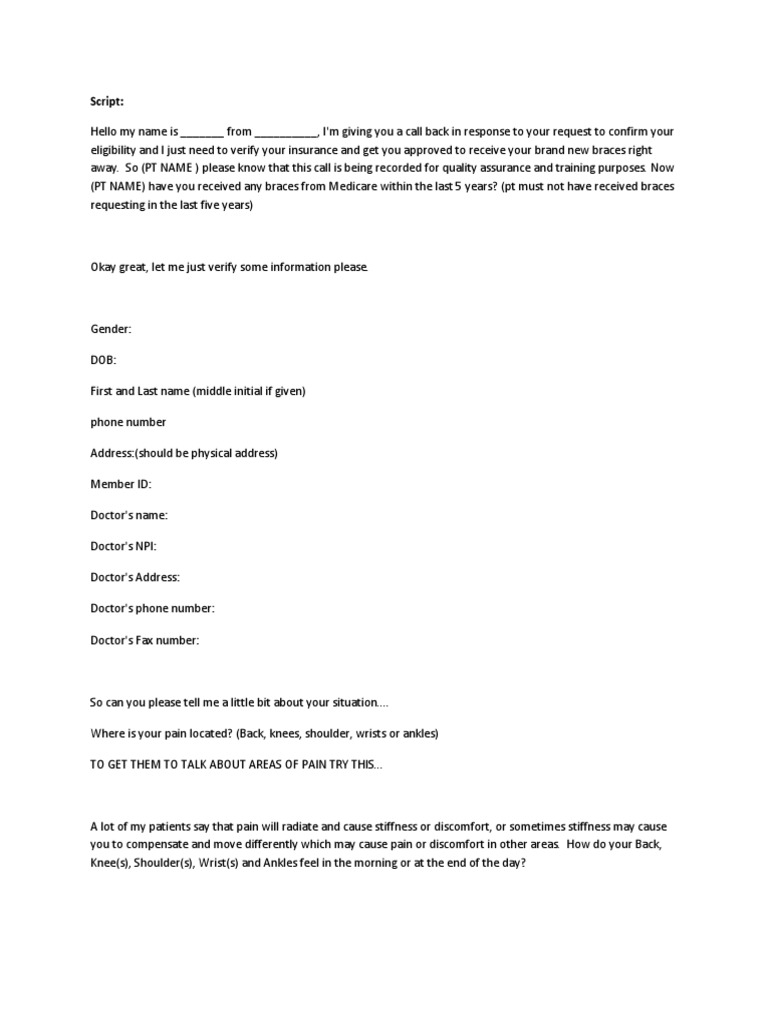 DME Braces Eligibility Verification Script | PDF | Pain | Medicine