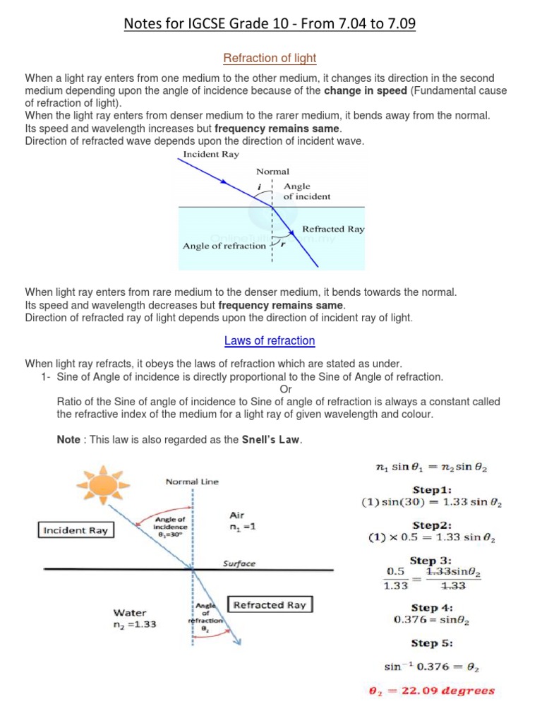 Notes For IGCSE Grade 10 - From 7.04 To 7.09: Refraction of Light | PDF ...
