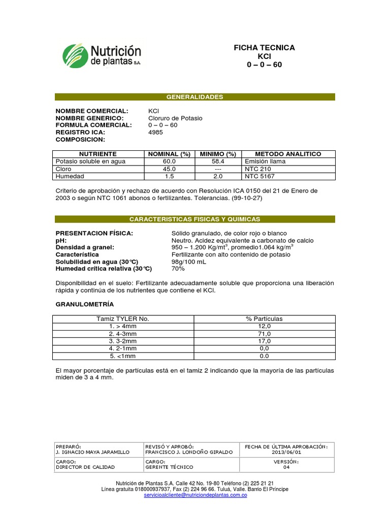 Ficha Tecnica KCL Nutri Plant 20157217542 | PDF | Fertilizante | Suelo