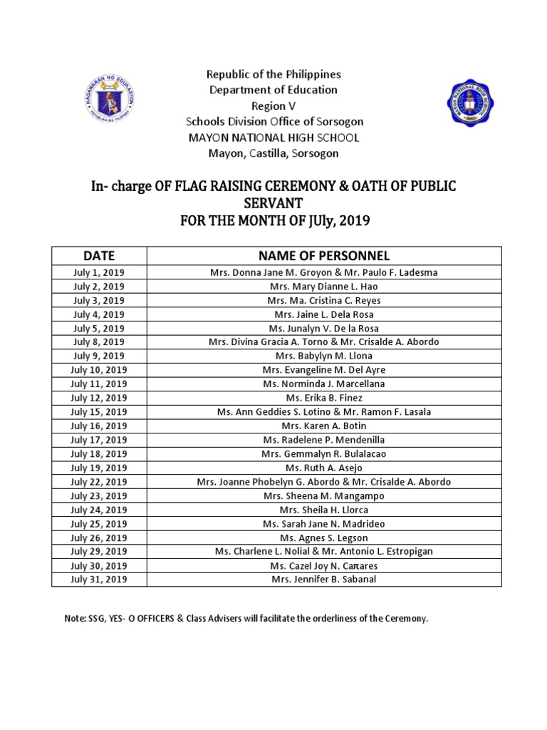 July 2019 Flag Raising Ceremony Schedule | PDF | Social Science | Home ...