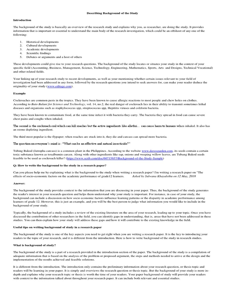 The Background of the Study is Basically an Overview of the Research ...