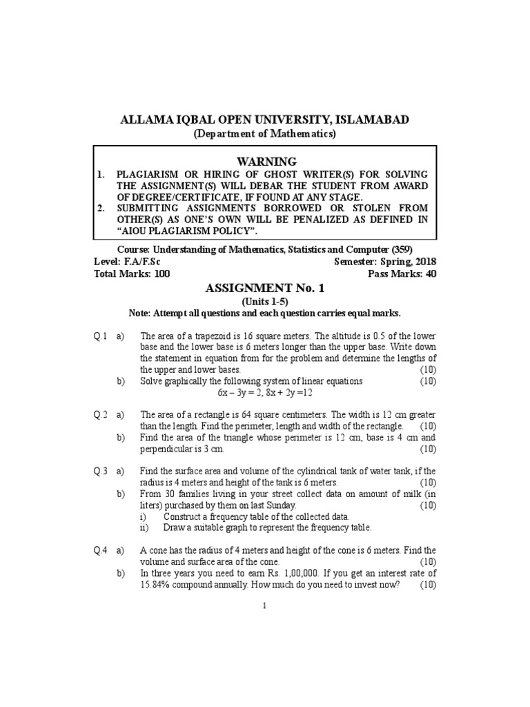 Allama Iqbal Open University, Islamabad: Assignment No. 1 | PDF | Area ...