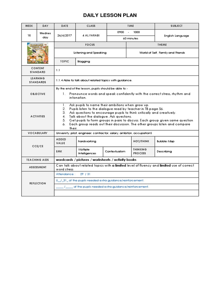 Daily Lesson Plan: Wordcards / Pictures / Worksheets / Activity Books ...