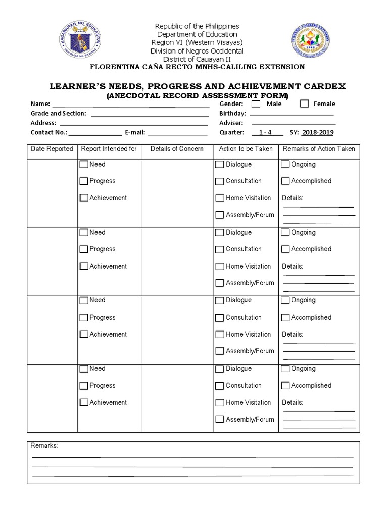 Learner'S Needs, Progress and Achievement Cardex: (Anecdotal Record Assessment Form) | PDF