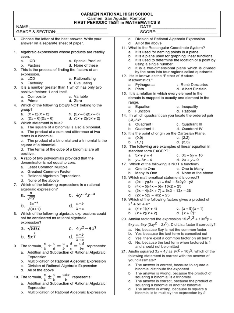 1st Periodic Test in Math 8 | PDF | Fraction (Mathematics) | Cartesian ...