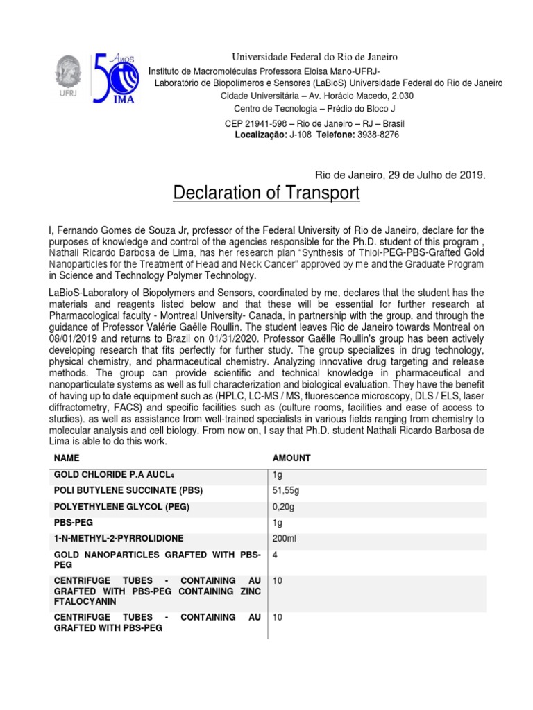 Declaration of Transport | PDF | Polyethylene Glycol | Nanoparticle