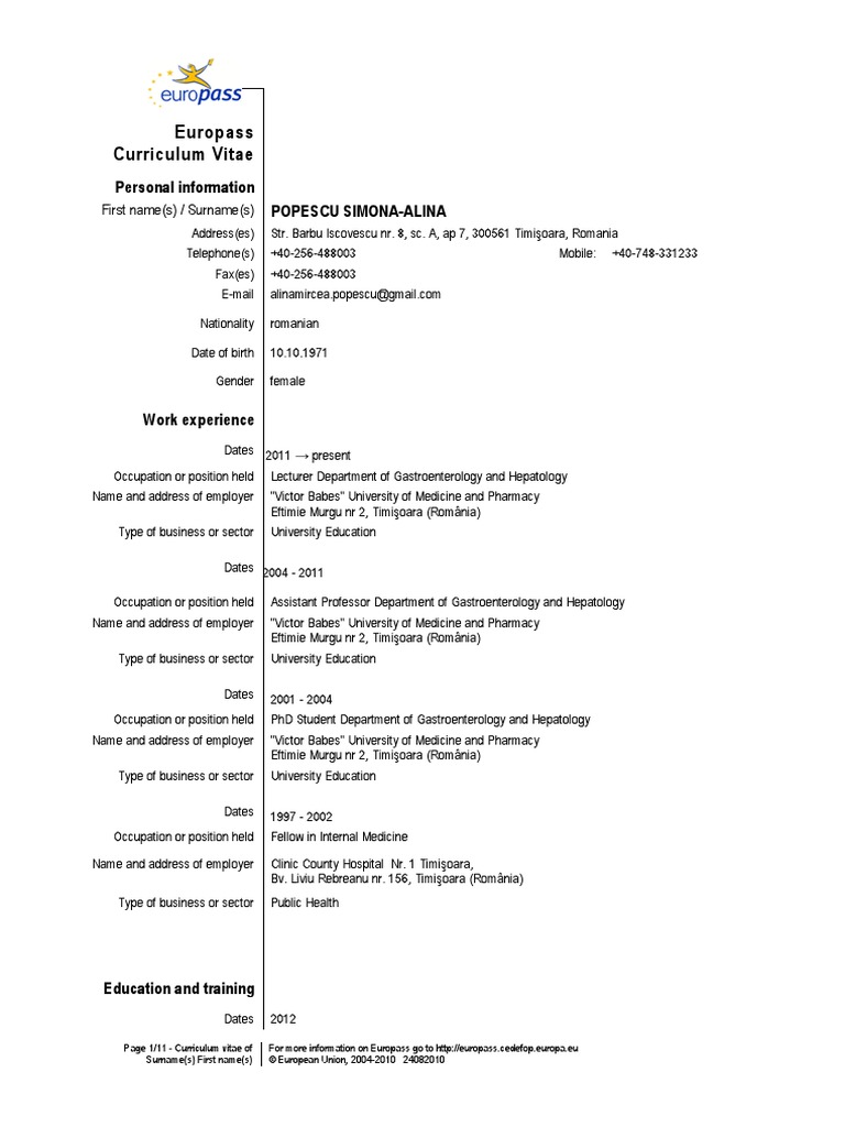 Europass Curriculum Vitae: Personal Information Popescu Simona-Alina ...