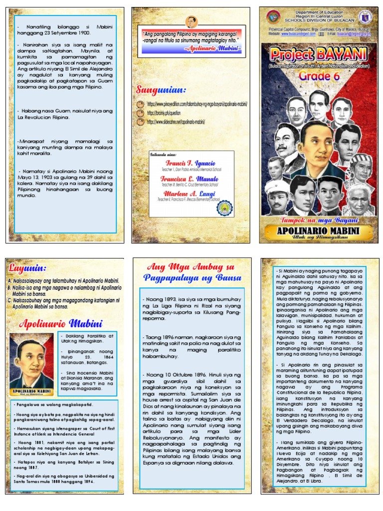 Brochure Grade 6 Project Bayani Apolinario Mabini | PDF