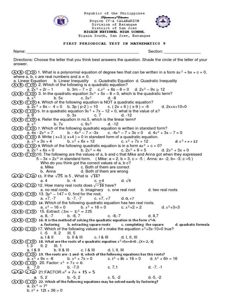 First Periodical Test in Math 9 | PDF | Quadratic Equation | Equations