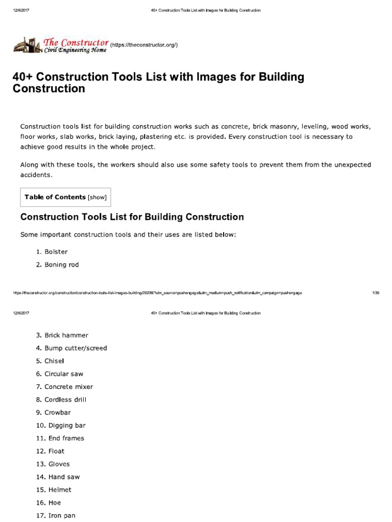 40+ Construction Tools List With Images For Building Construction PDF | PDF