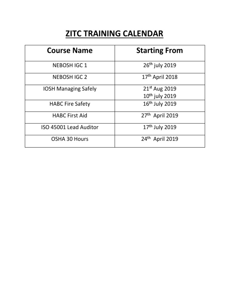 ZITC Training Calendar 2019 | PDF