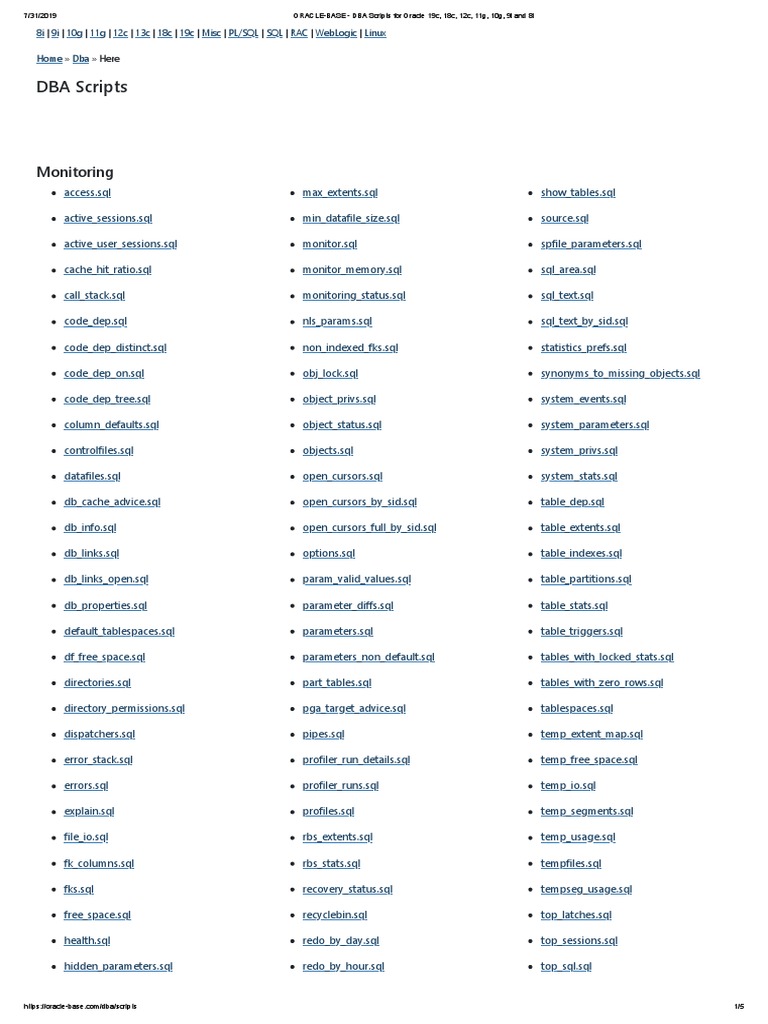 ORACLE-BASE - DBA Scripts For Oracle 19c, 18c, 12c, 11g, 10g, 9i and 8i | PDF | Oracle Database ...
