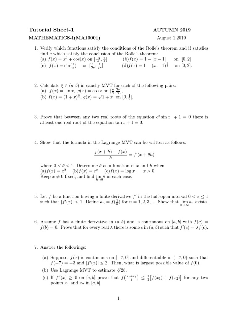 Tutorial Sheet 1 | PDF | Derivative | Algebra