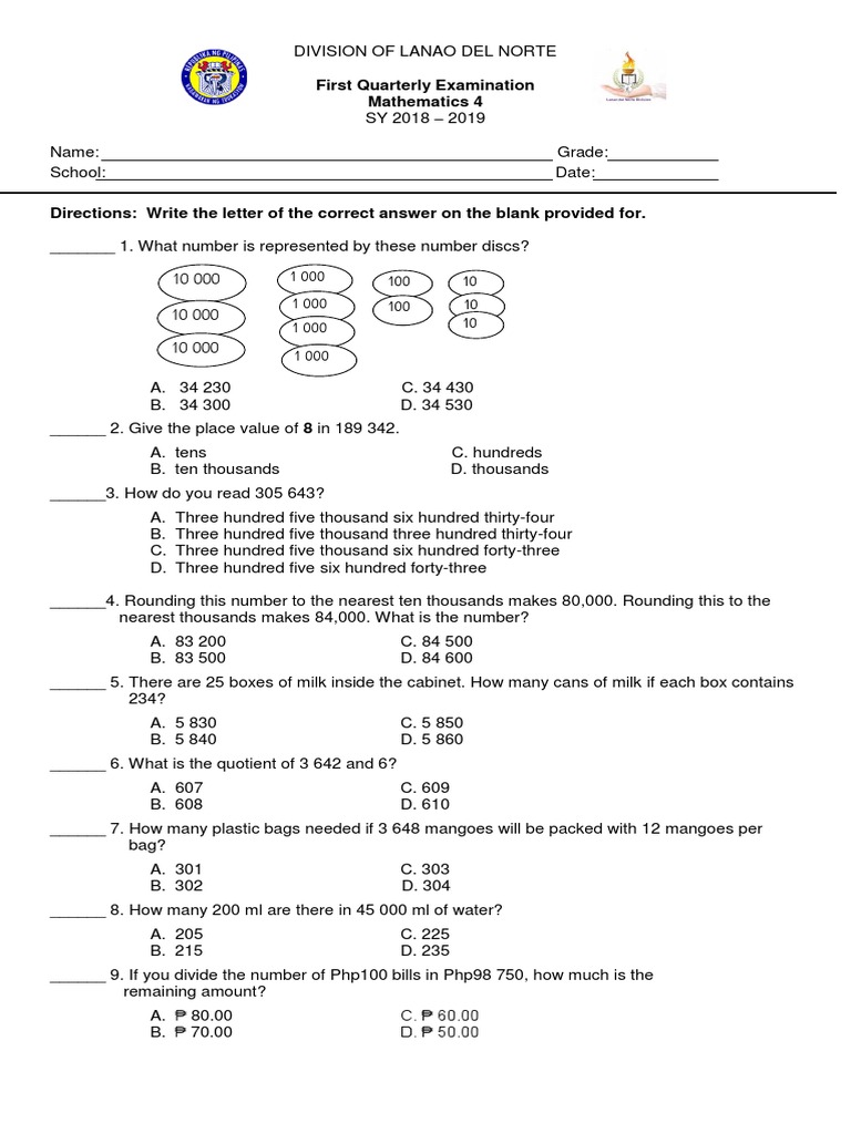 First Quarterly Examination Mathematics 4 | PDF | Teaching Mathematics ...
