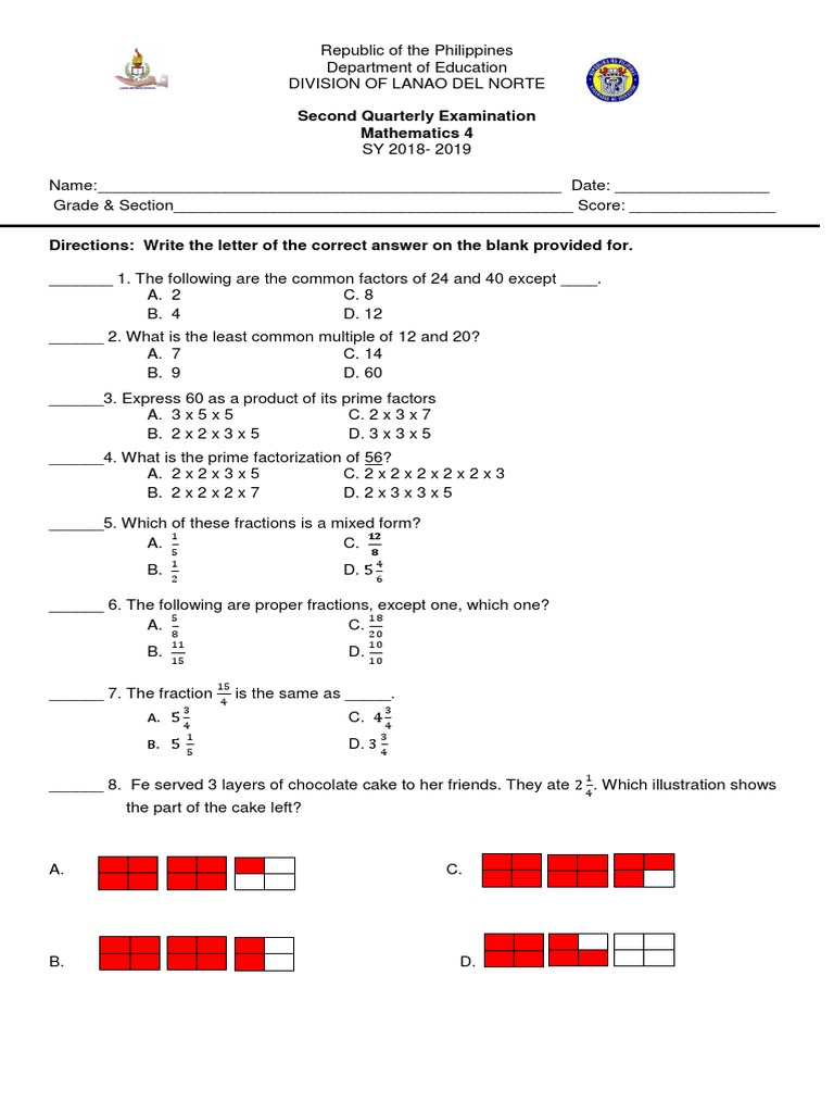 Second Quarterly Examination Mathematics 4 | PDF | Numbers | Teaching ...