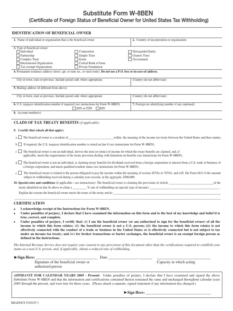 Substitute Form W-8BEN: (Certificate of Foreign Status of Beneficial ...