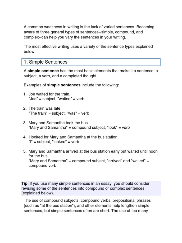 Simple Sentences: Tip: If You Use Many Simple Sentences in An Essay ...