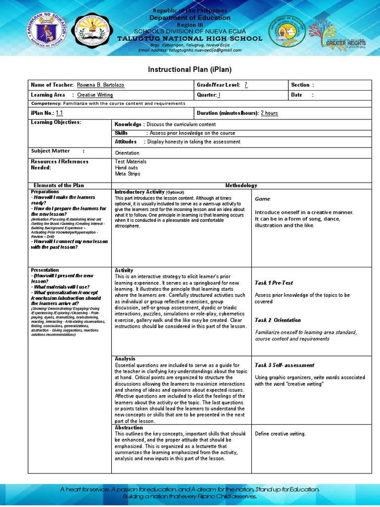 Instructional Plan (Iplan) : Talugtug National High School | PDF ...