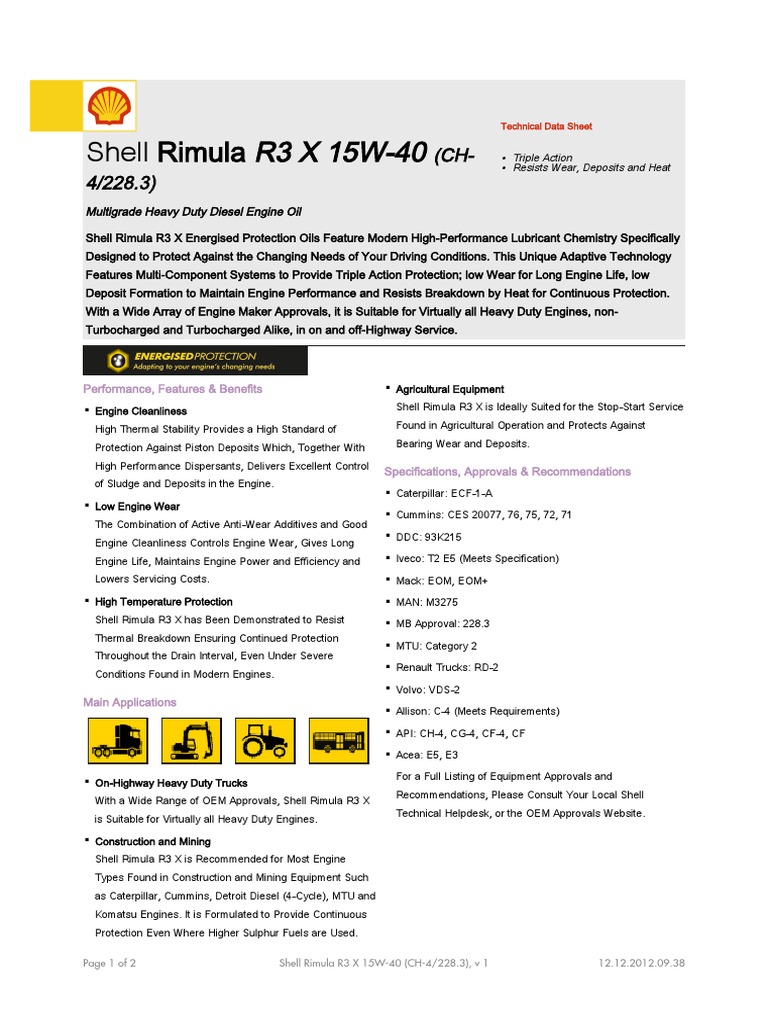 Shell Rimula R3 X 15W-40 Oil Specs | PDF | Motor Oil | Chemistry