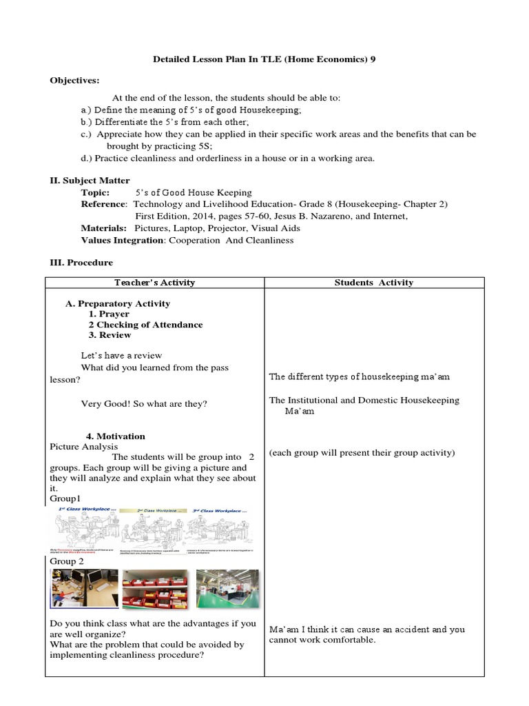 Detailed Lesson Plan in House Keeping 5S | PDF | Housekeeping | Motivation