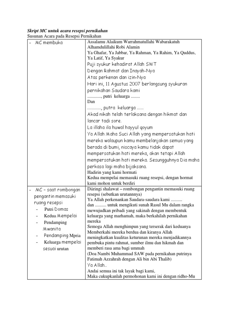 CAL-Skript MC Untuk Acara Resepsi Pernikahan | PDF