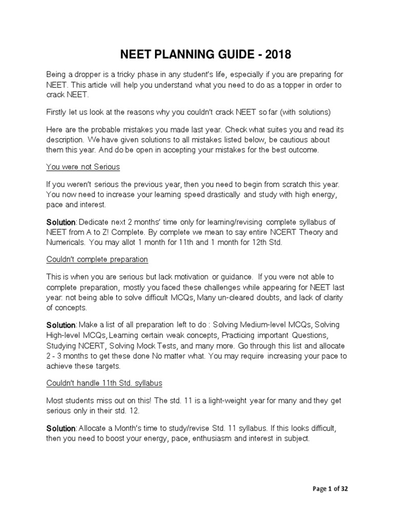 NEET Planner | Download Free PDF | Multiple Choice | Test (Assessment)