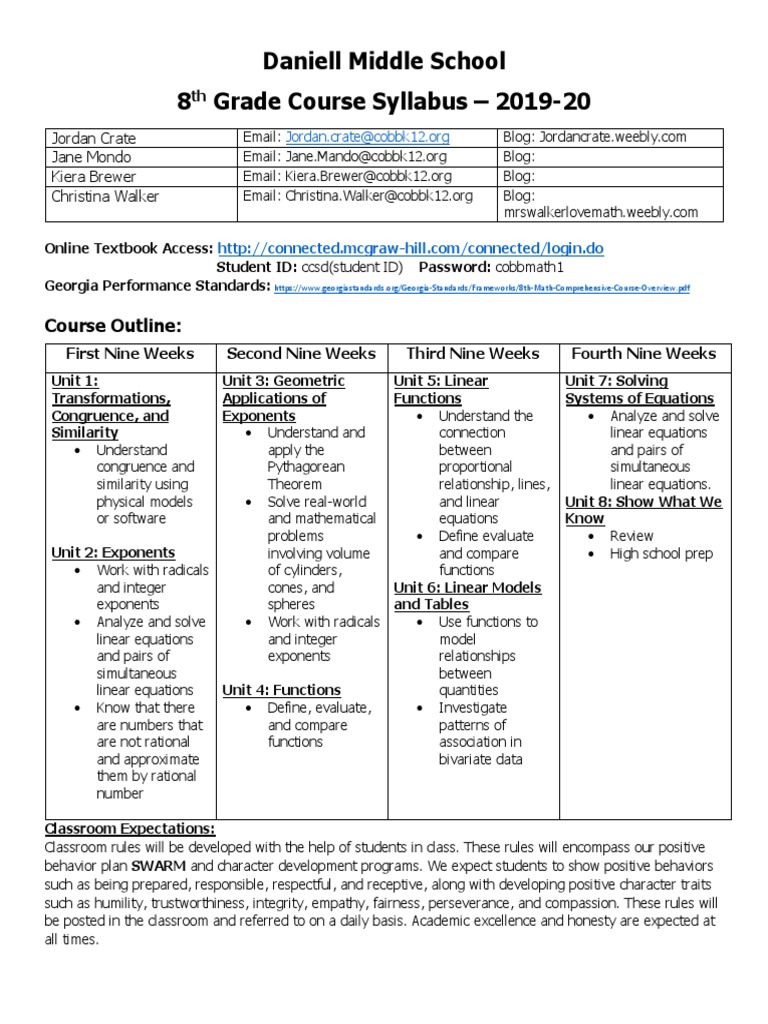8th Grade Course Syllabus | PDF | Homework | Exponentiation
