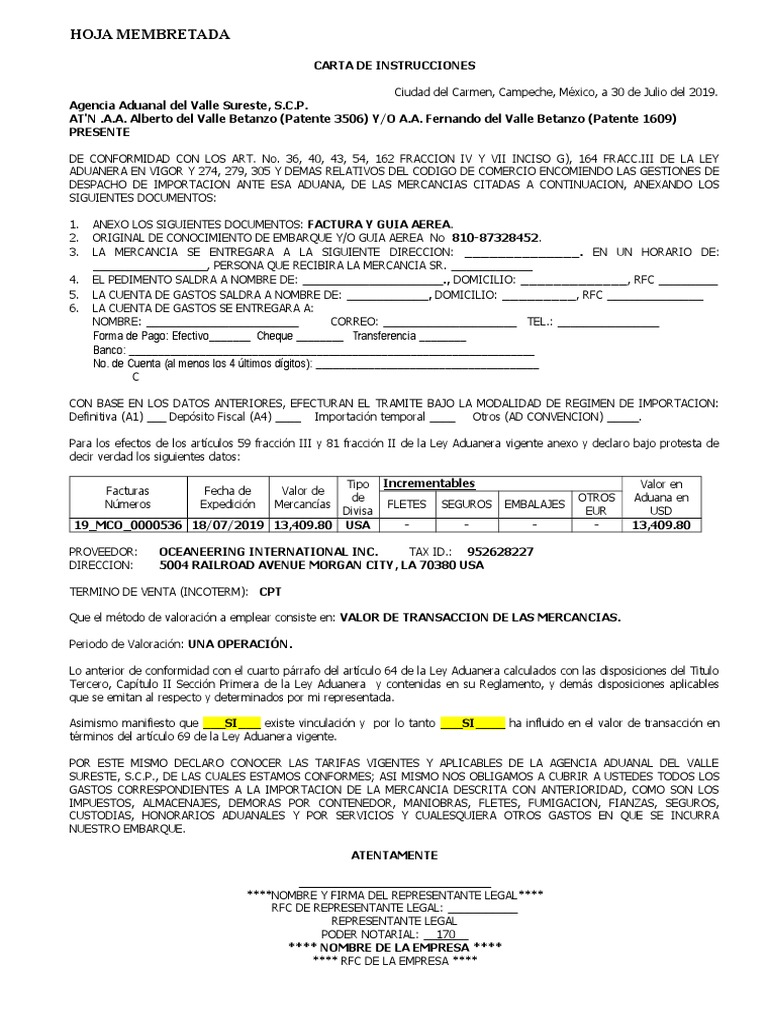 Carta de Instrucciones Importacion | PDF | aduana | Gestión de la ...