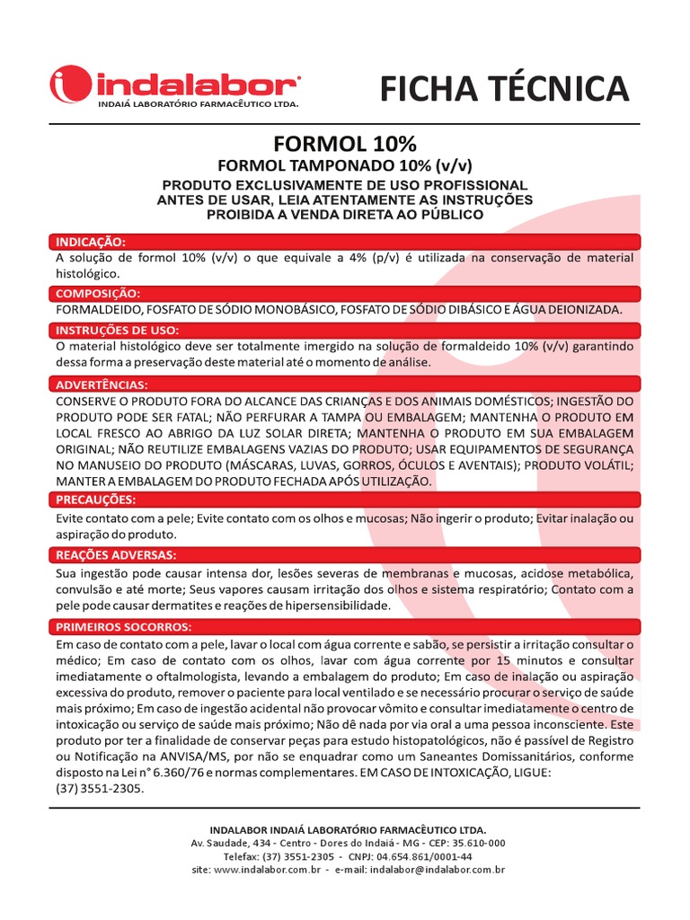 5c07cb1b08cf4 Ficha Tecnica Formol Tamponado 10 VV 0716 | PDF
