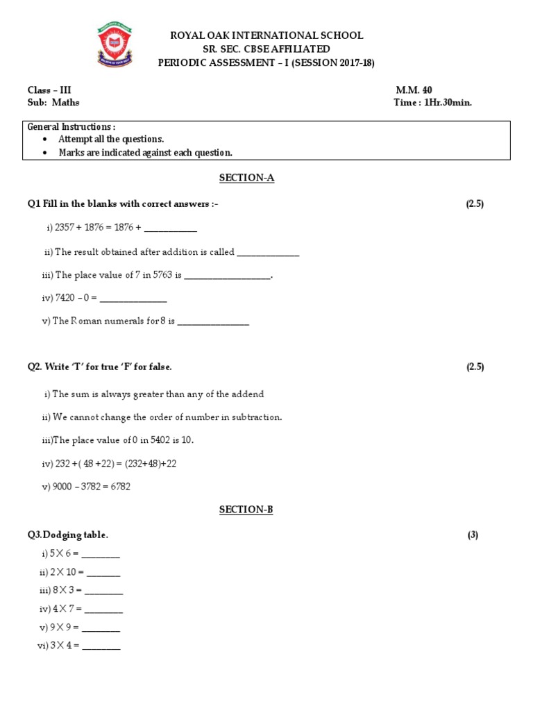 Pa 1 Class 3 Maths | PDF | Mathematical Notation | Arithmetic